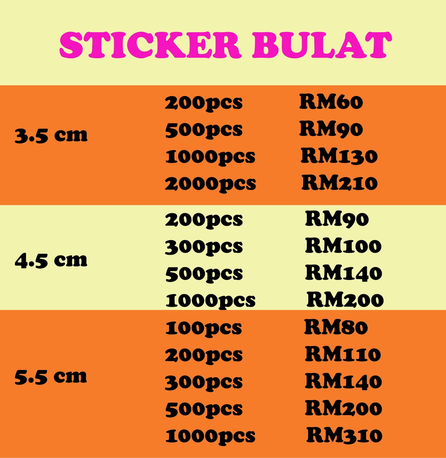 an design: SENARAI HARGA DAN SIZE STICKER.