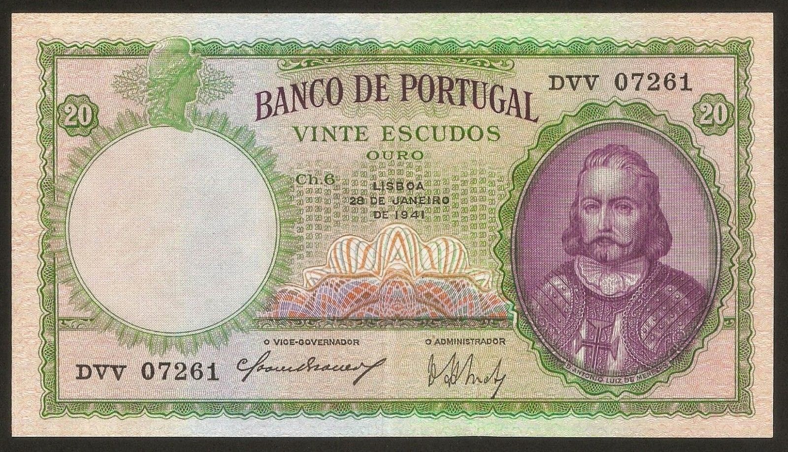 Portugal 20 Escudos banknote 1941 António Luís de Meneses, 1st Marquis ...