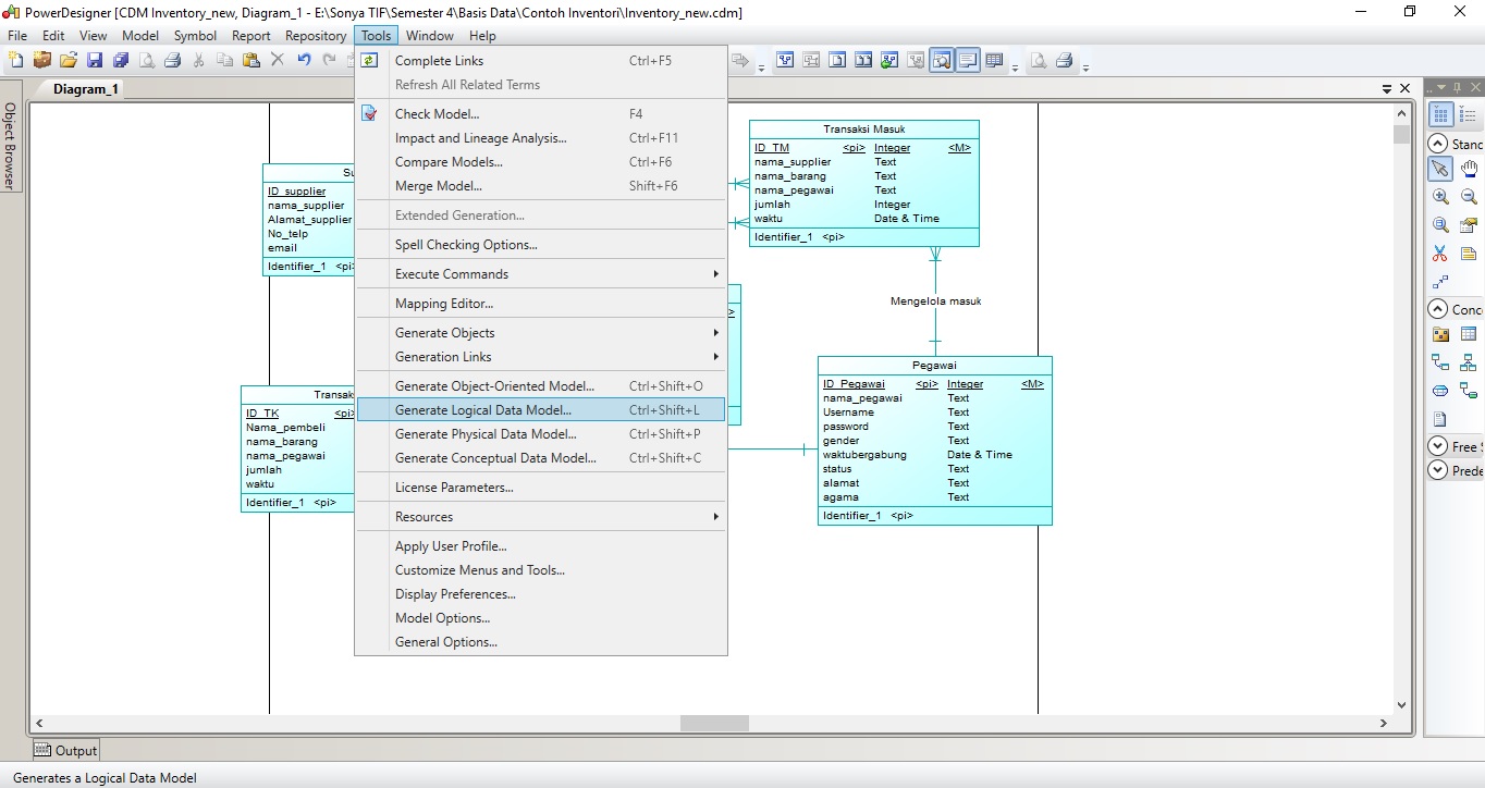 Cara membuat CDM, LDM, PDM dan SQL tentang Inventory gudang [bahasa]