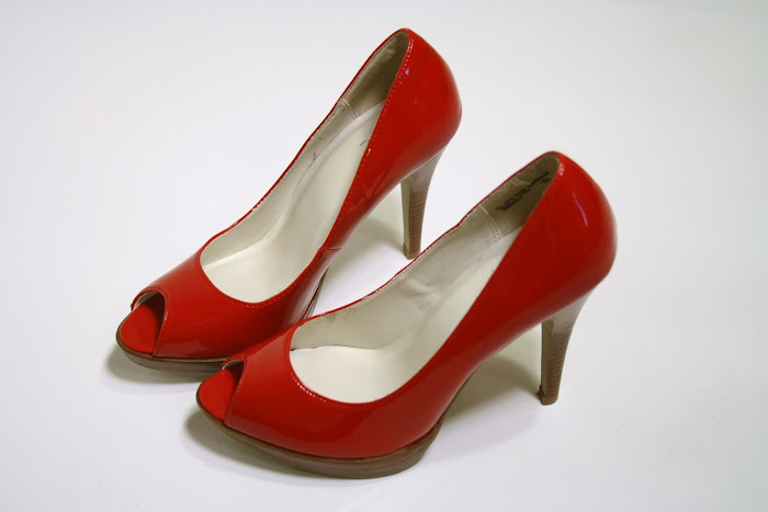 Shop Beneath the Glass: Red Patent Leather Peep Toe Heels - $20