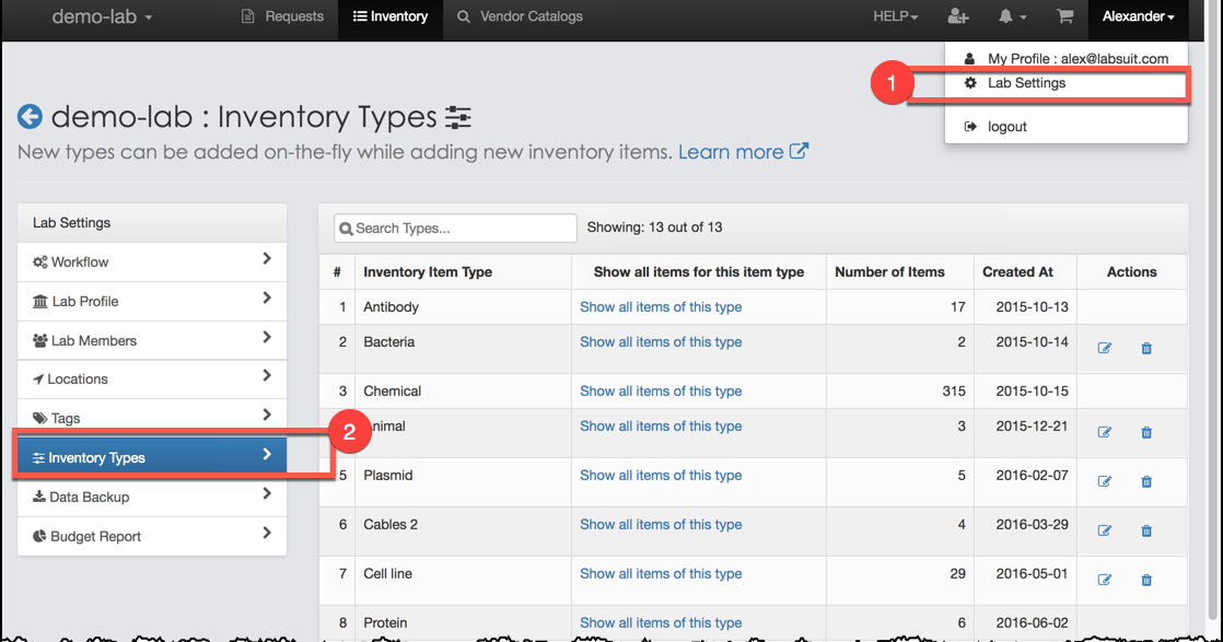 LabSuit Support: Manage existing inventory types
