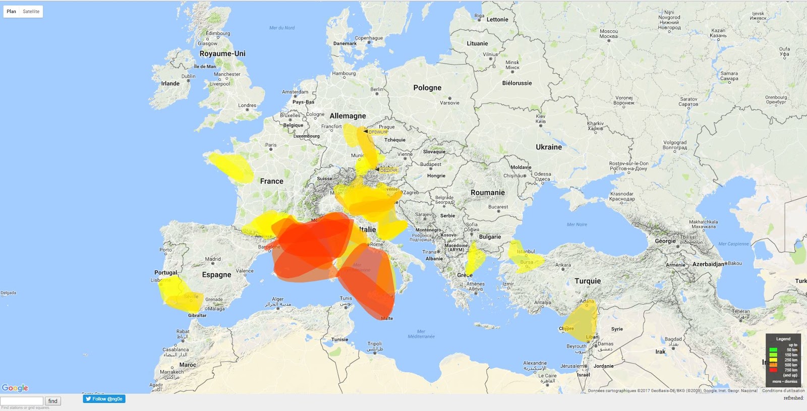 F4CZV : Une carte de la propagation VHF sur Google Map