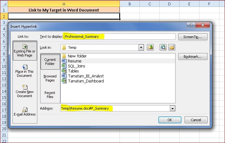 How To Create A Hyper Link From Excel To A Specific Section Of A Word Document Tamatam Sql