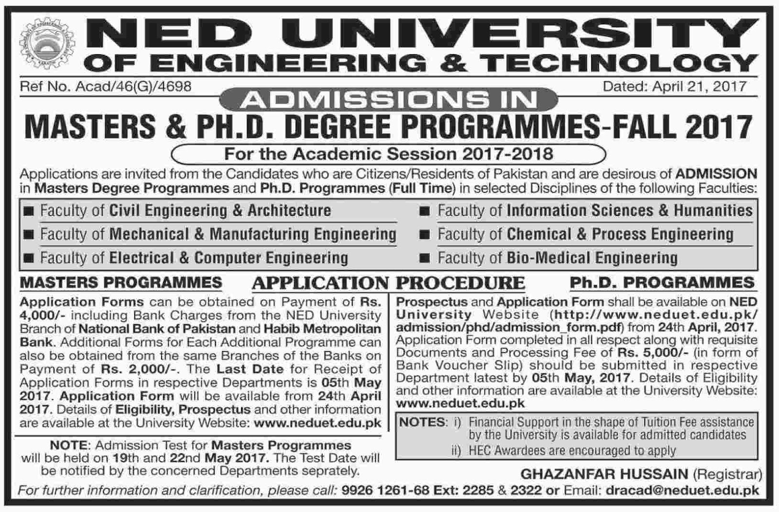 NED University of Engineering & Technology Masters and Ph D Admissions ...
