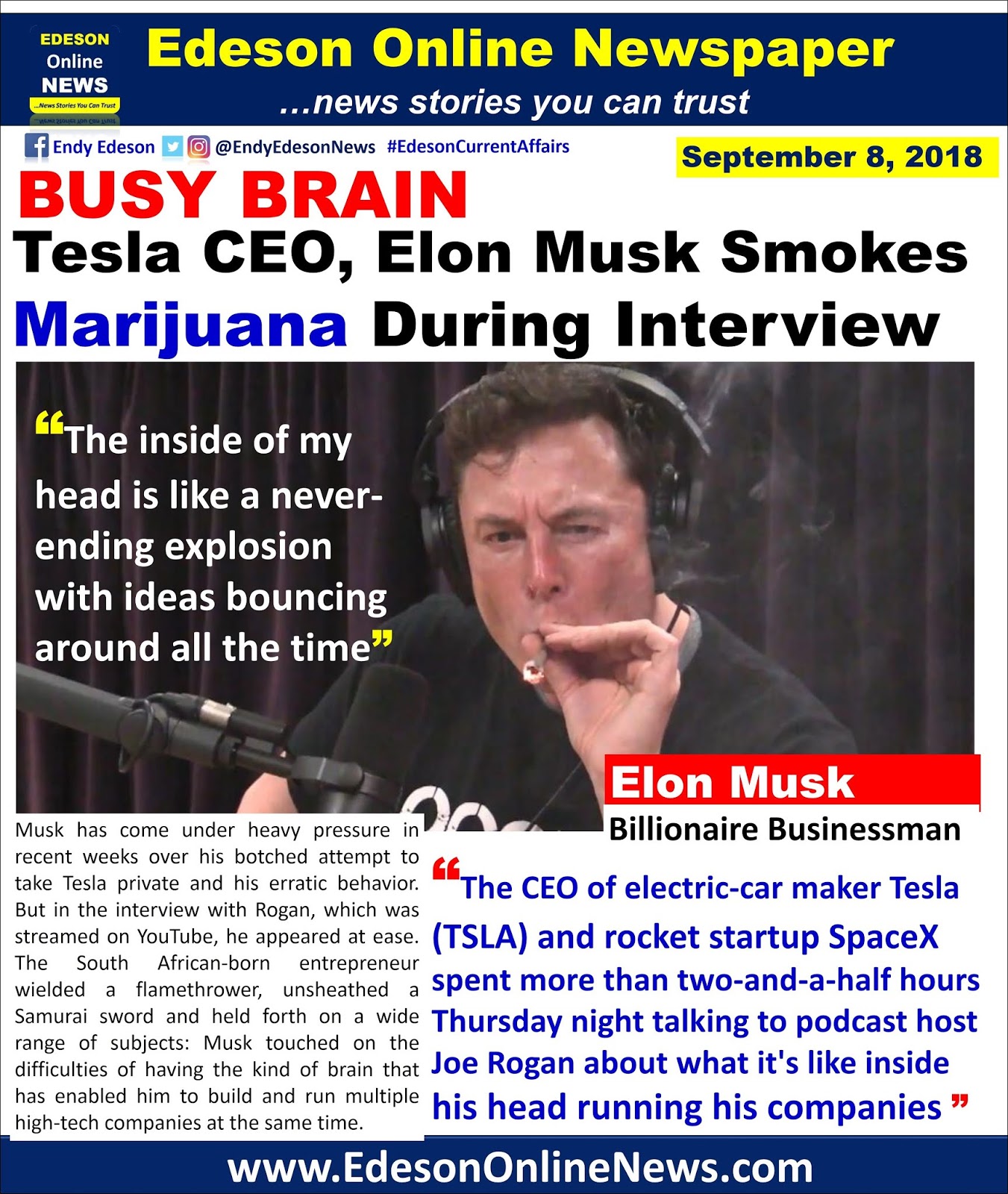 Edeson Online Newspaper: Tesla CEO, Billionaire Elon Musk Smokes ...