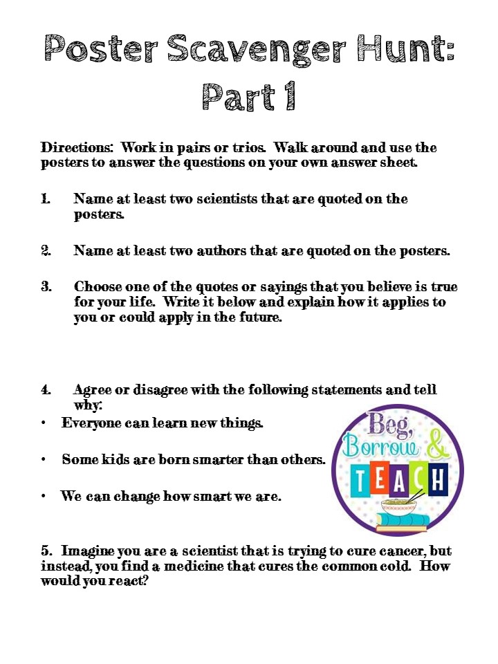 Beg, Borrow, and Teach!: Growth Mindset Poster Scavenger Hunt