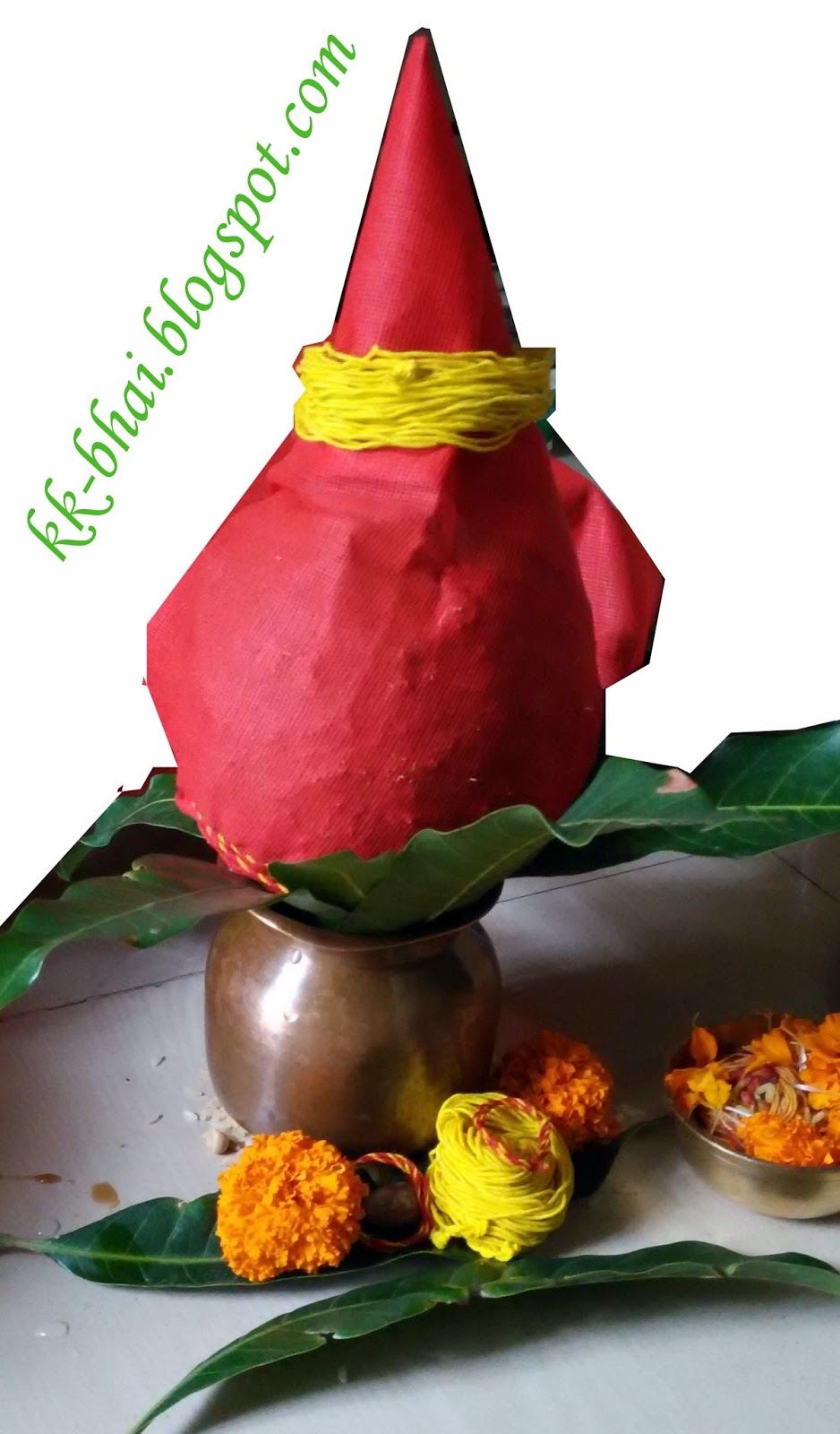 'Puja' Flowers and other things used in 'puja' (Hindu Worship).: Kalash ...