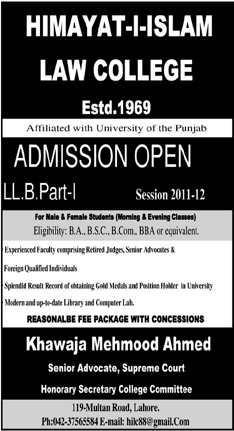 Admission in Pakistan: Himayat i Islam Law College Lahore admission in ...