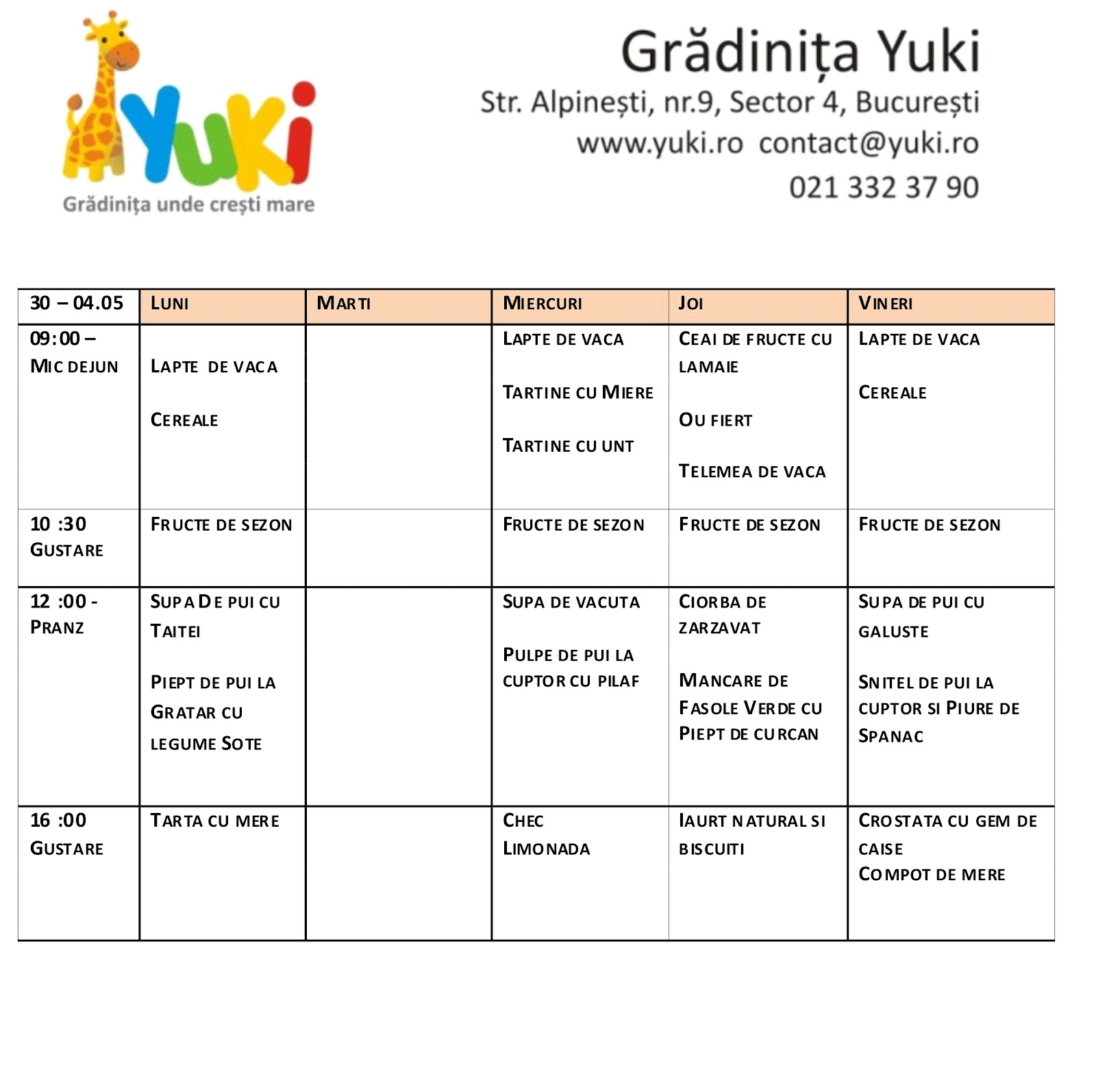 Gradinita Yuki: Meniu 30.04 - 04.05