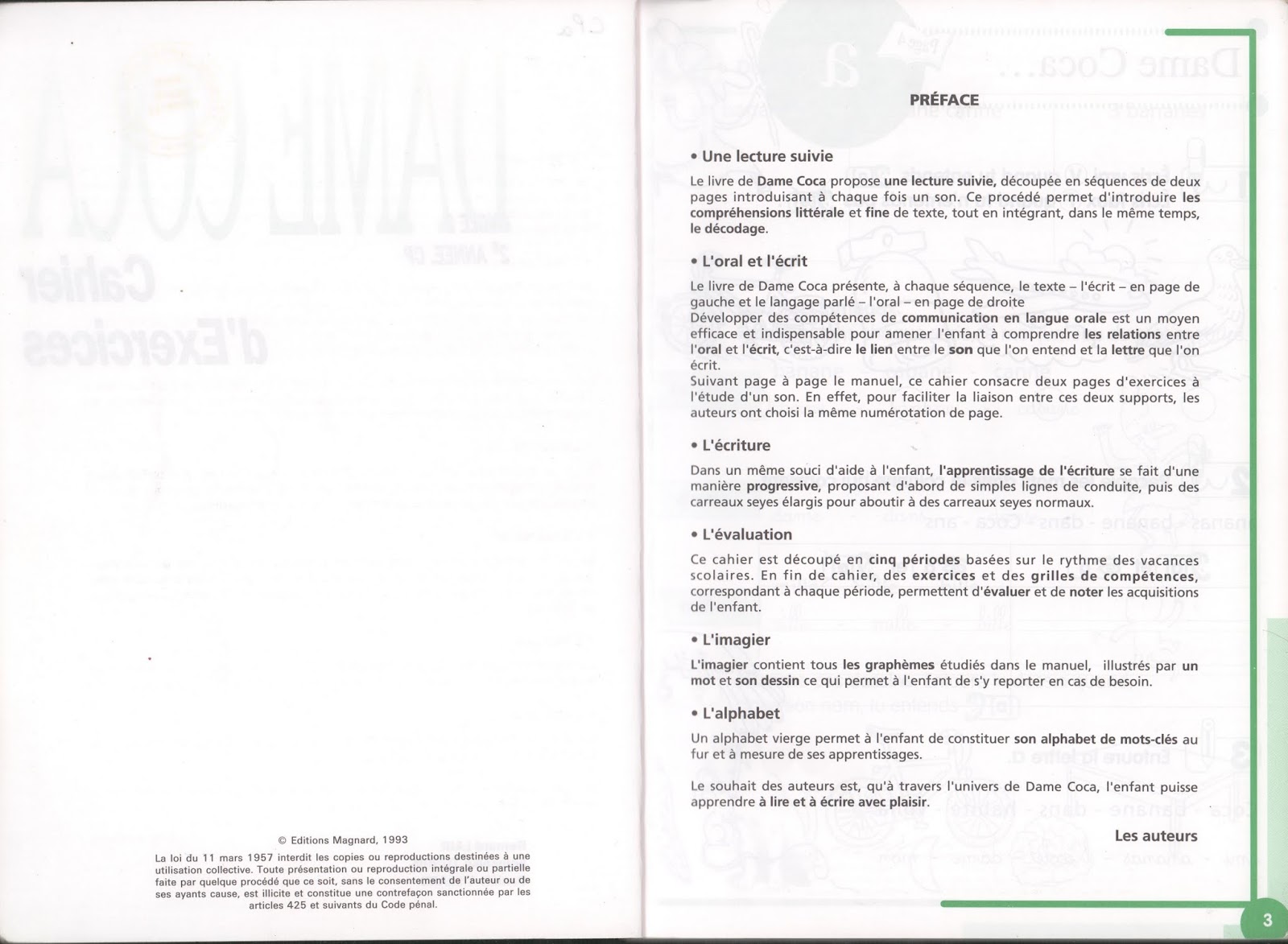 école : références: Lair, Turgis, Tillard, Dame Coca, Lecture CP, cahier d'exercices (1993)