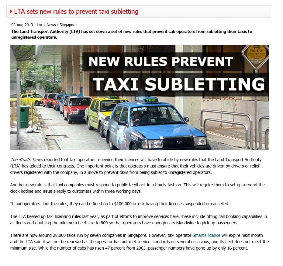 Singapore Cabbies: New rules to stop taxi subletting