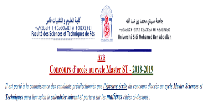 FST Fès concours d’accès au cycle Master Sciences et Techniques 2018 ...