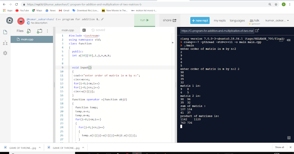 C Program For Addition And Multiplication Of Two Matrices Using