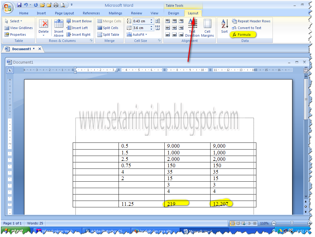 Cara menjumlah angka dalam tabel di Word 2007 | SEKARRINGIDEP