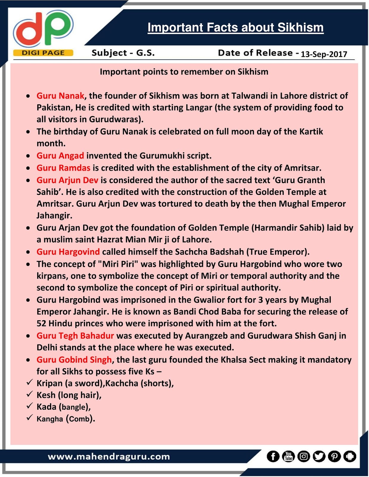 DP | Important Facts About Sikhism | 13 - 09 - 2017
