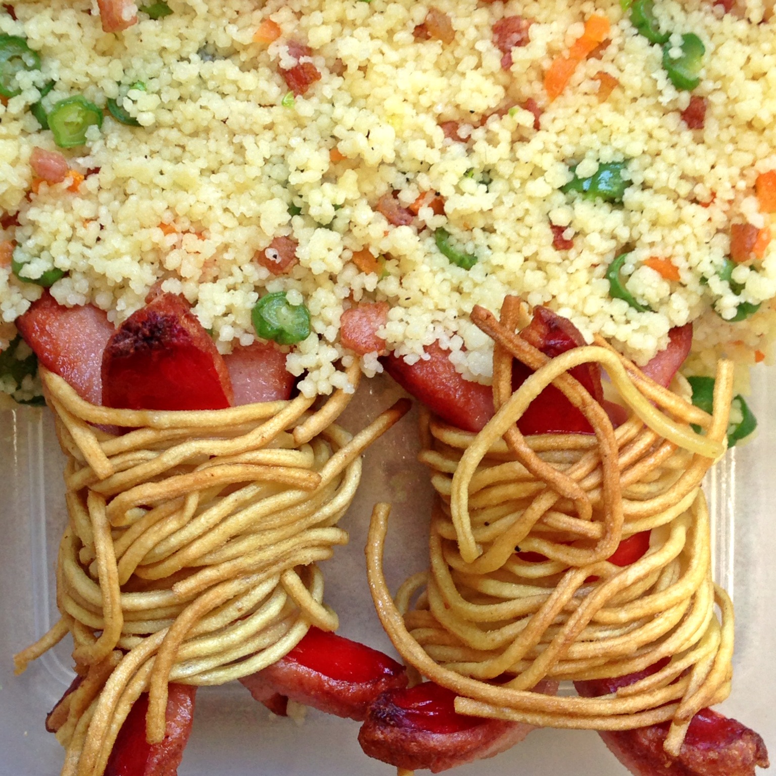 Yolks&Forks: Crispy Noodle Wrapped Sausages + Confetti Couscous