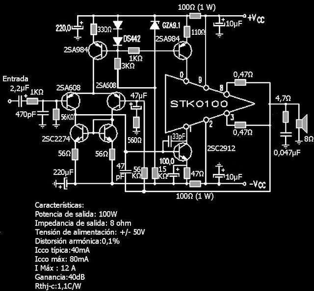 Eletrônica 388: Amplificador de 100W com STK0100 por +/- 50V.
