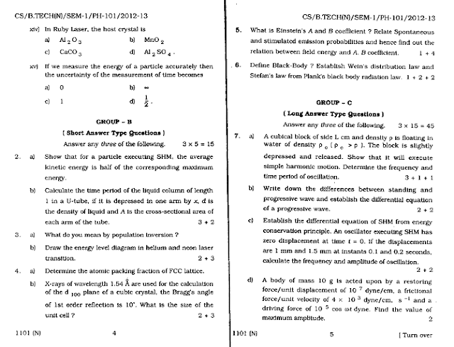 WBUT PH-101 Physics I B.Tech First Year 2012 Question Paper ...