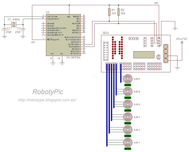 RobotyPic: Brazo Robot de 6 ejes con PIC y SD21