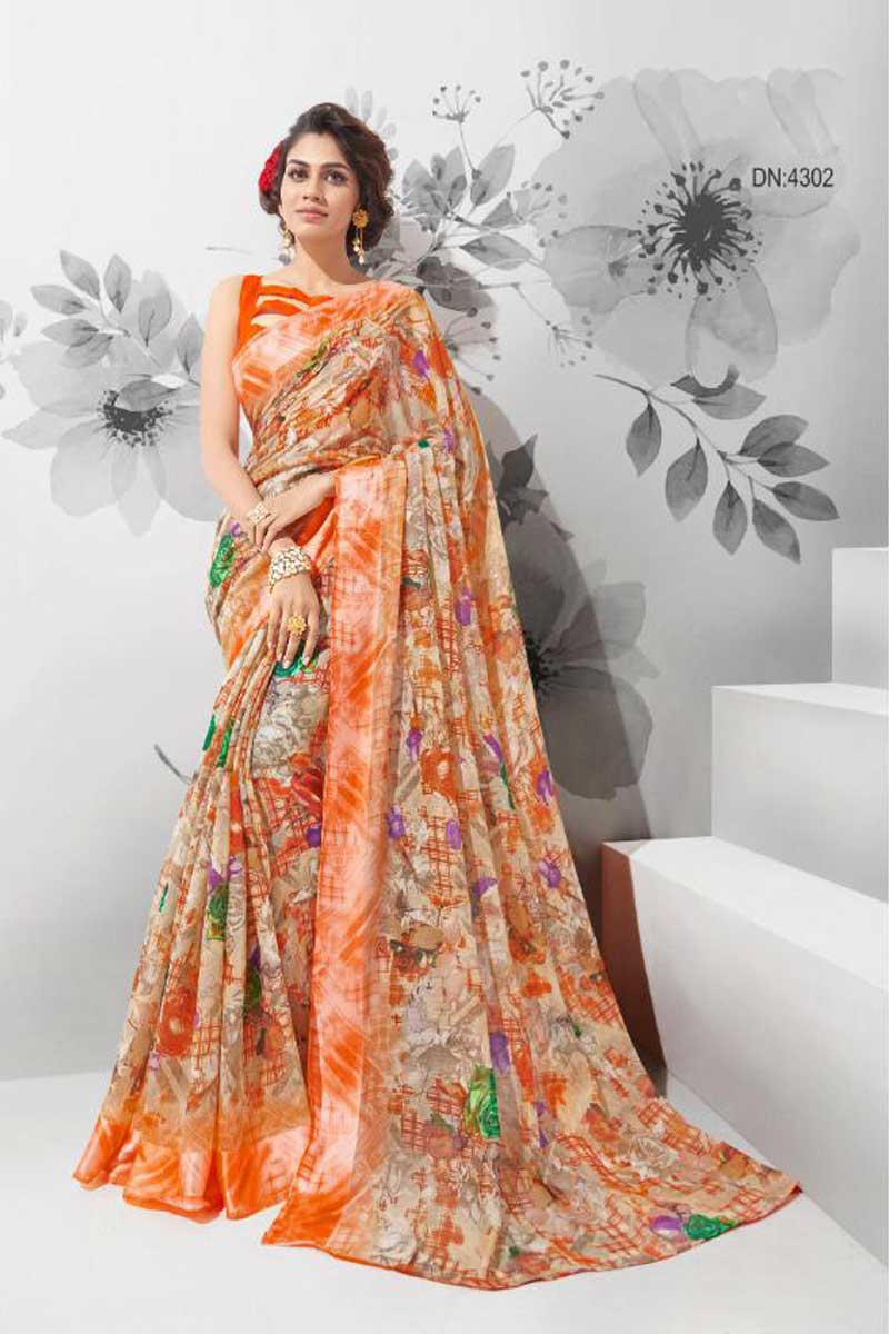 Bunch Of Floral Print Casual Wear Linen Cotton Sarees - 6980