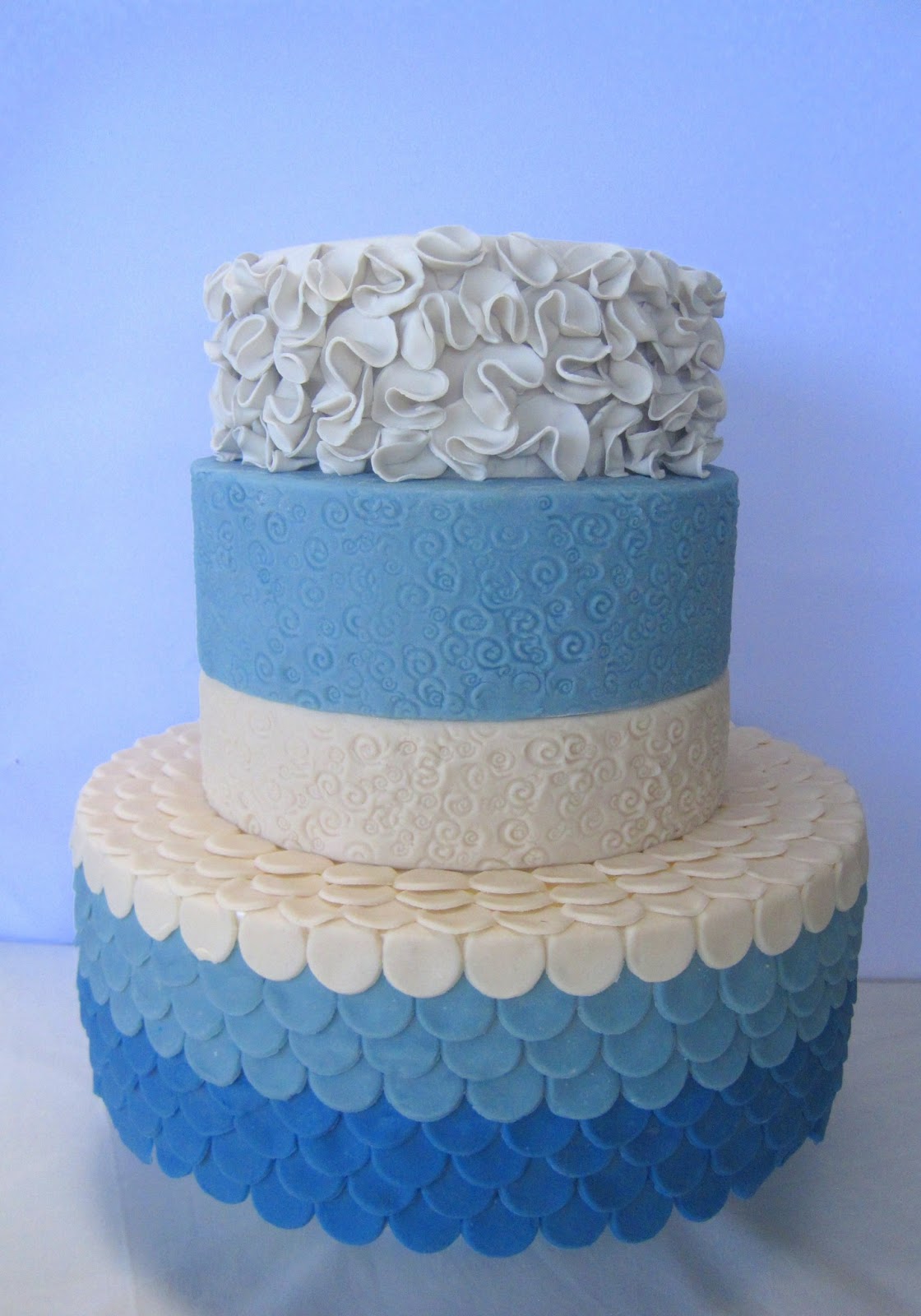 The Blue Cottage: Blue and White Ruffle and Ombre Scales Fondant Cake