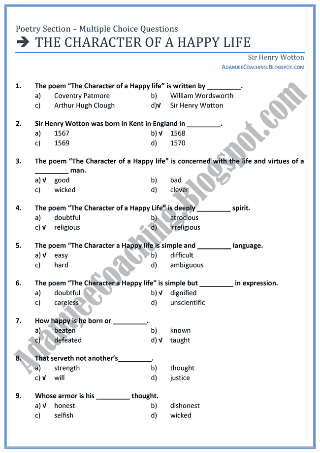 Adamjee Coaching: The Character of a Happy Life - MCQs - English XI