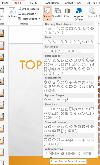 Inserting action buttons