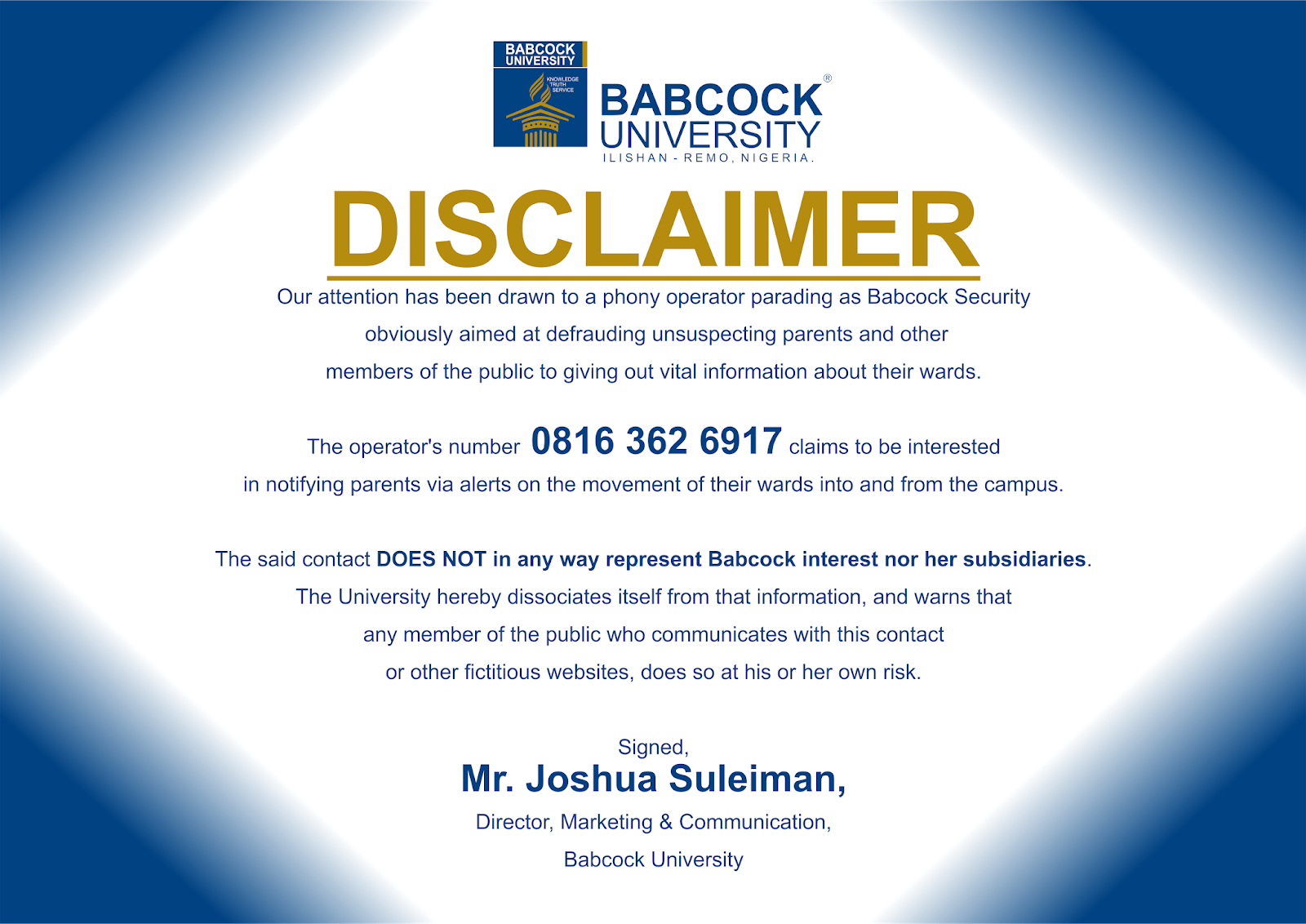 Babcock University Security Disclaimer Notice to Parents & Guardians