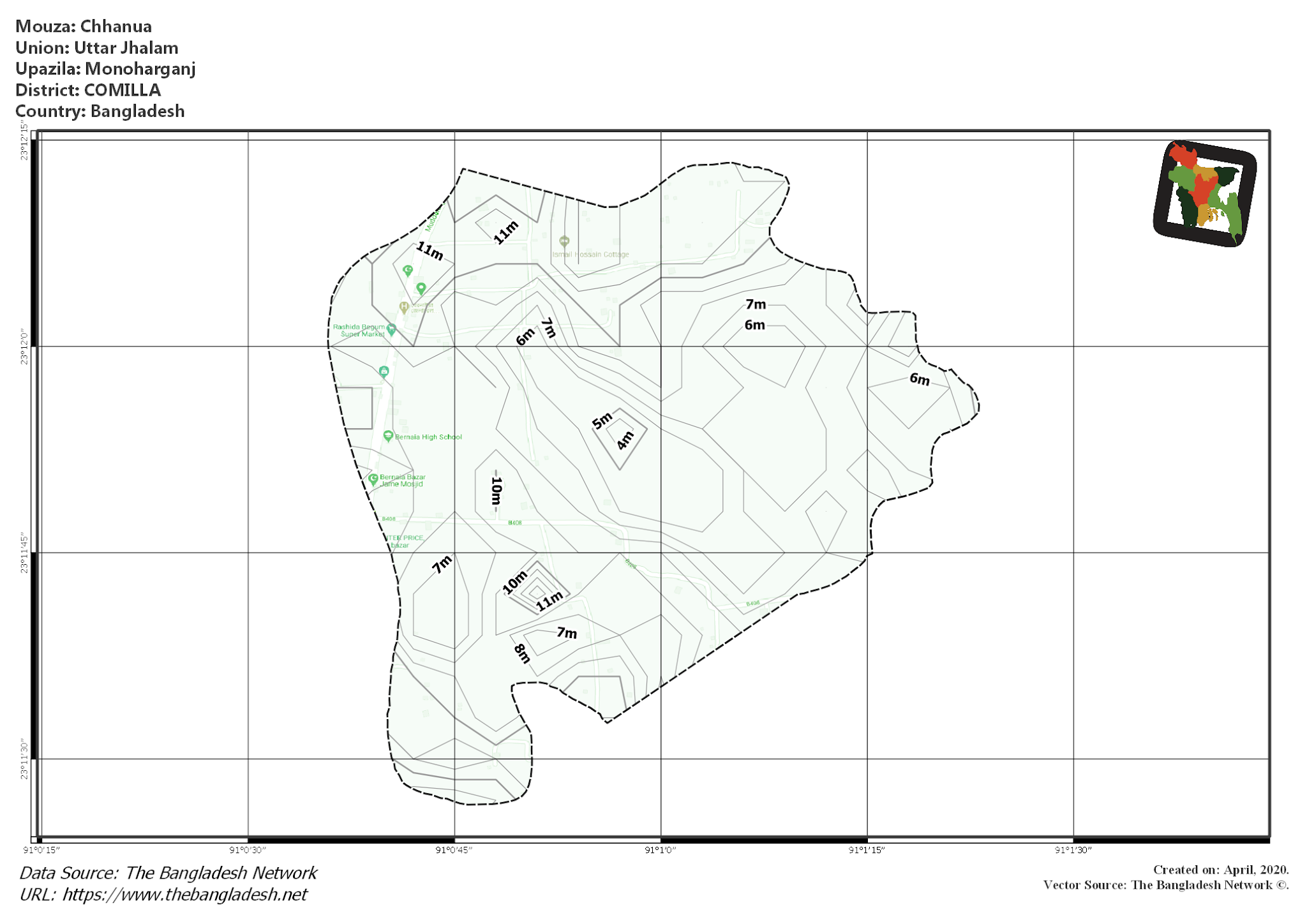 Map of Chhanua Mouza, Monoharganj, Comilla