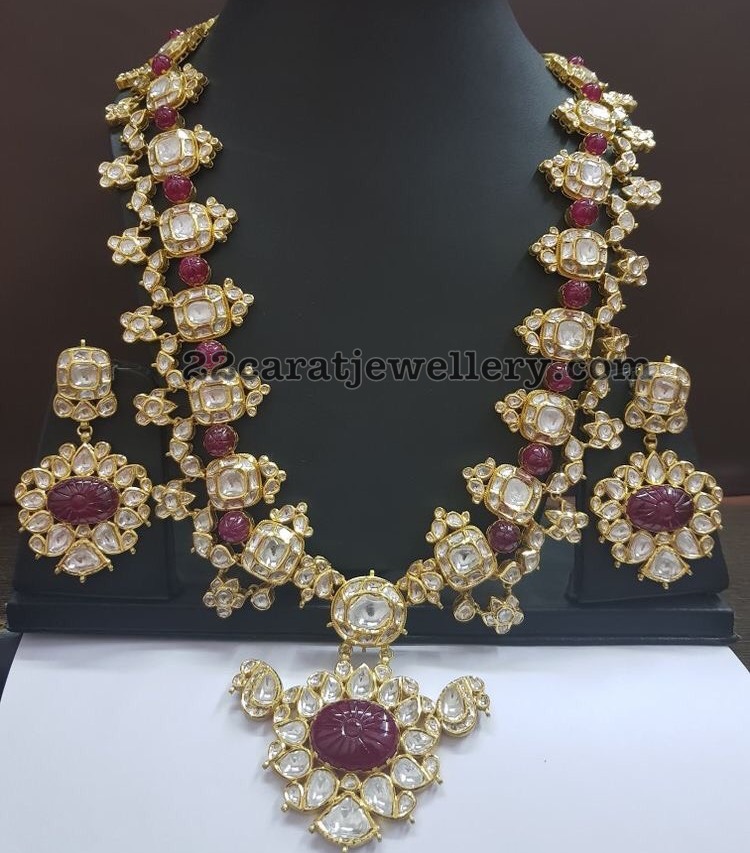 Polki Ruby Haram with Earrings - Jewellery Designs