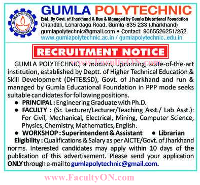 Gumla Polytechnic, Chandali, Wanted Faculty Plus Non-Faculty - Faculty ...