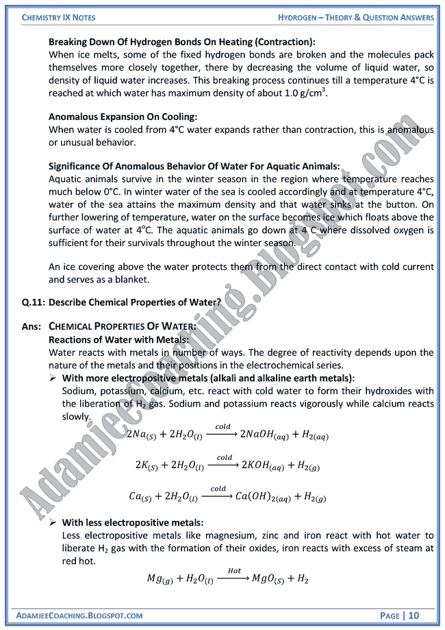 Adamjee Coaching: Hydrogen - Theory Notes and Question Answers ...