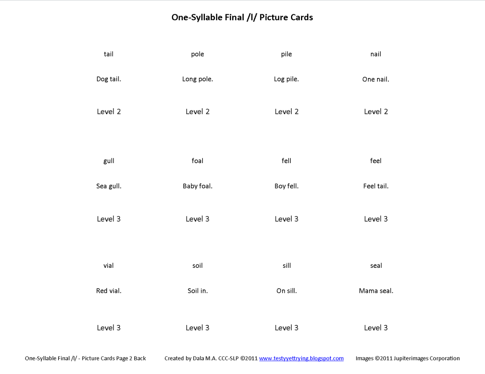 Testy yet trying: Final L: Free Speech Therapy Articulation Picture Cards