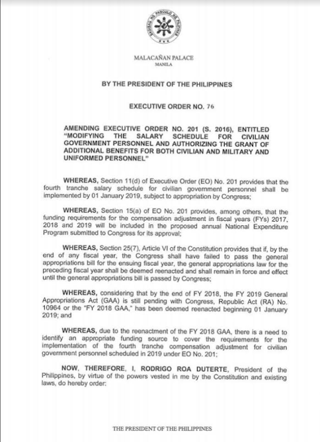 Duterte signed executive order for gov't employees salary increase ...