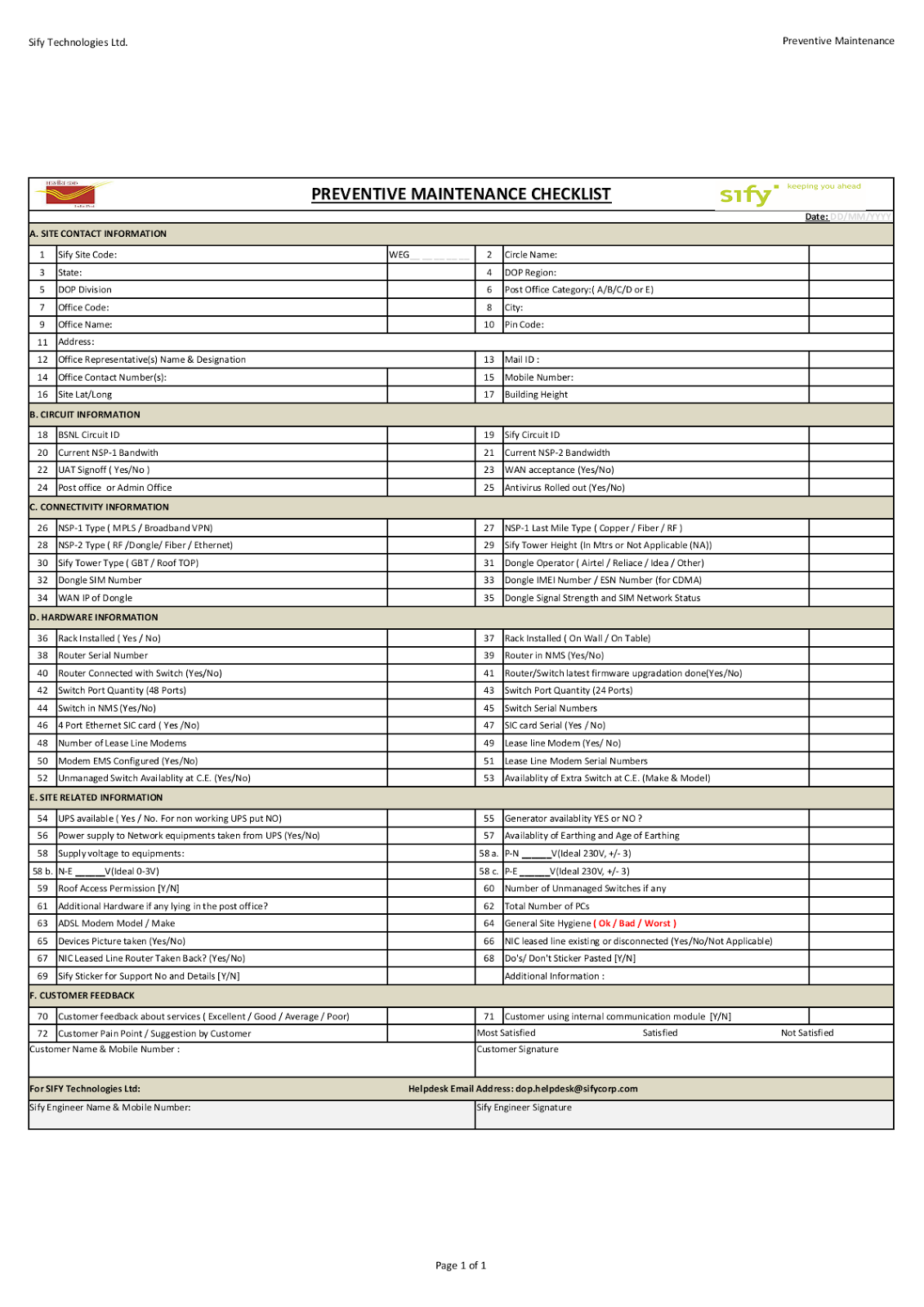 Preventive maintenance by Network Integrator (M/s Sify)