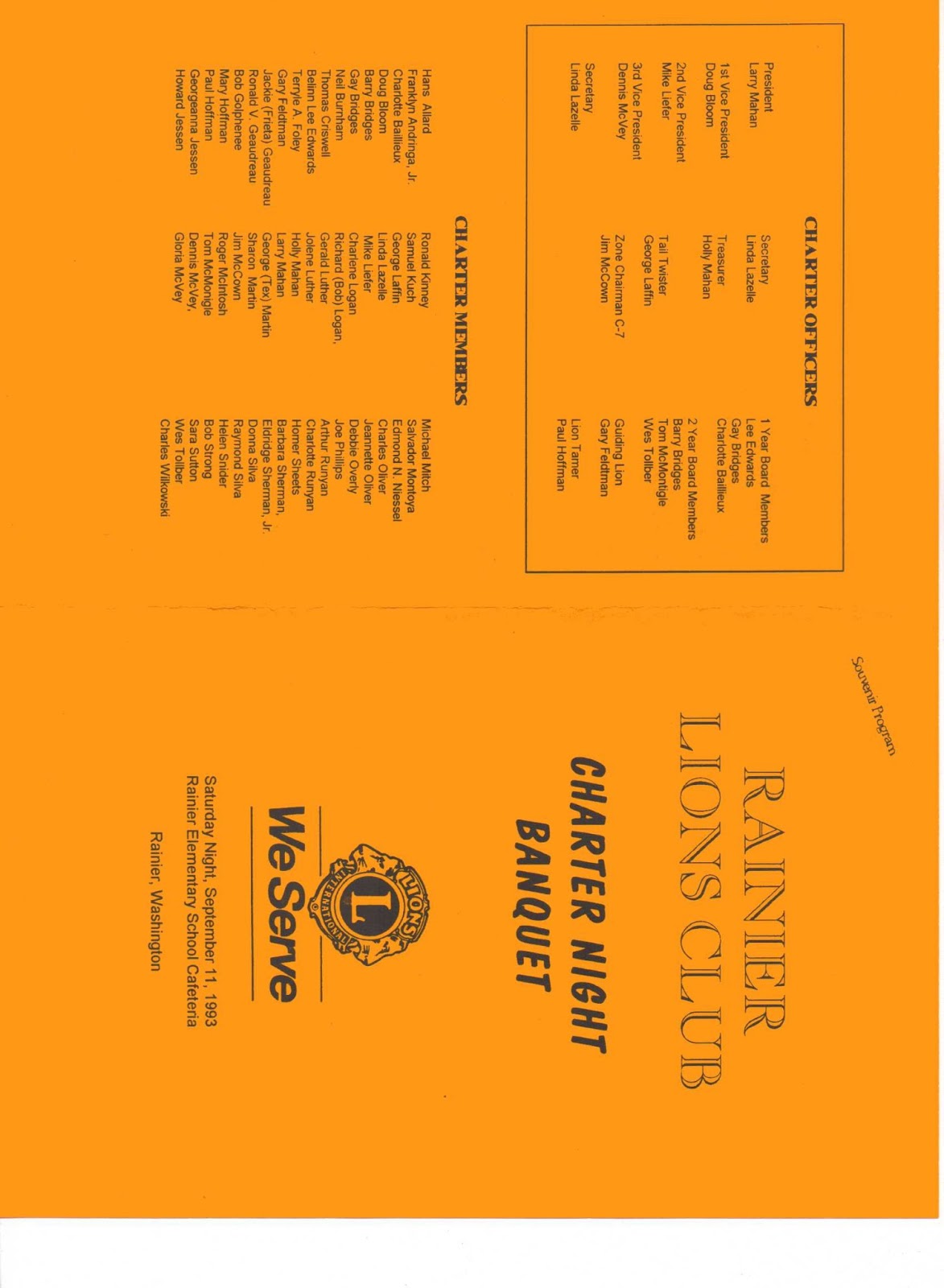 Rainier Lions Club: Charter Night Flyer & Newspaper Article from 1993