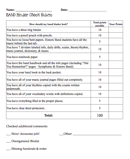 Band Binder Rubric