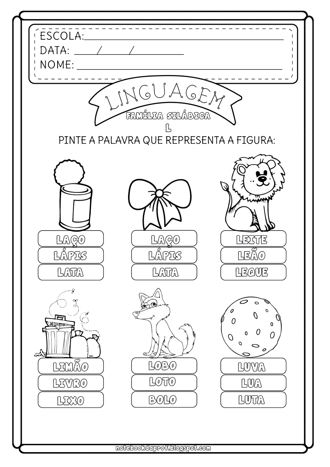 Atividades Letra L - Construindo e identificando palavras
