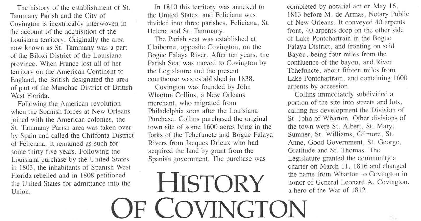 Tammany Family: History of Covington