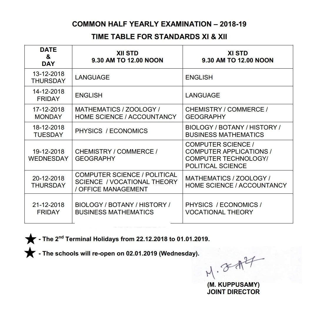 Half Yearly Exam Time Table 2018 - 2019 for Pudhucherry Schools (From ...