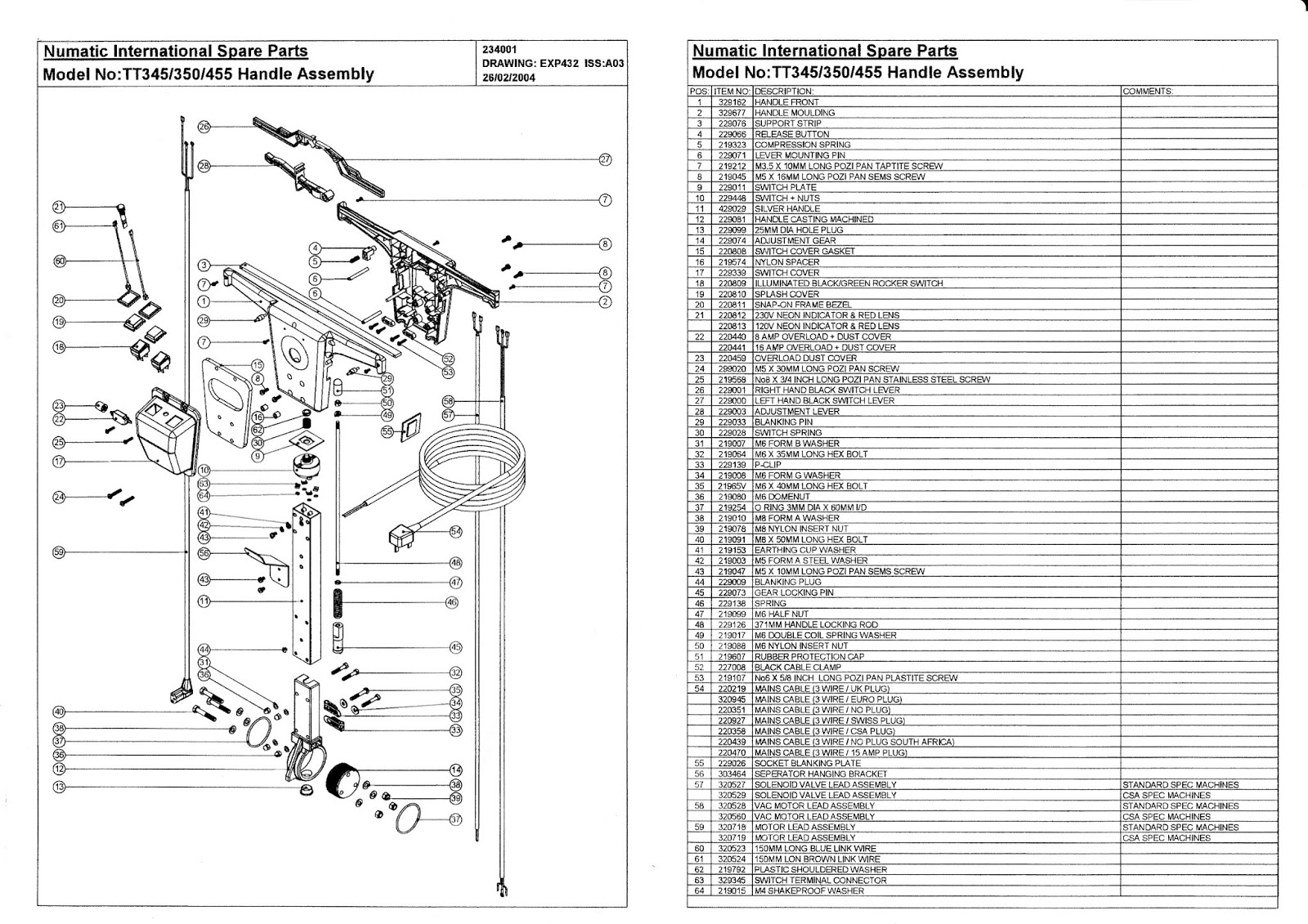 Numatic TT345 & 350 Parts List - 1999