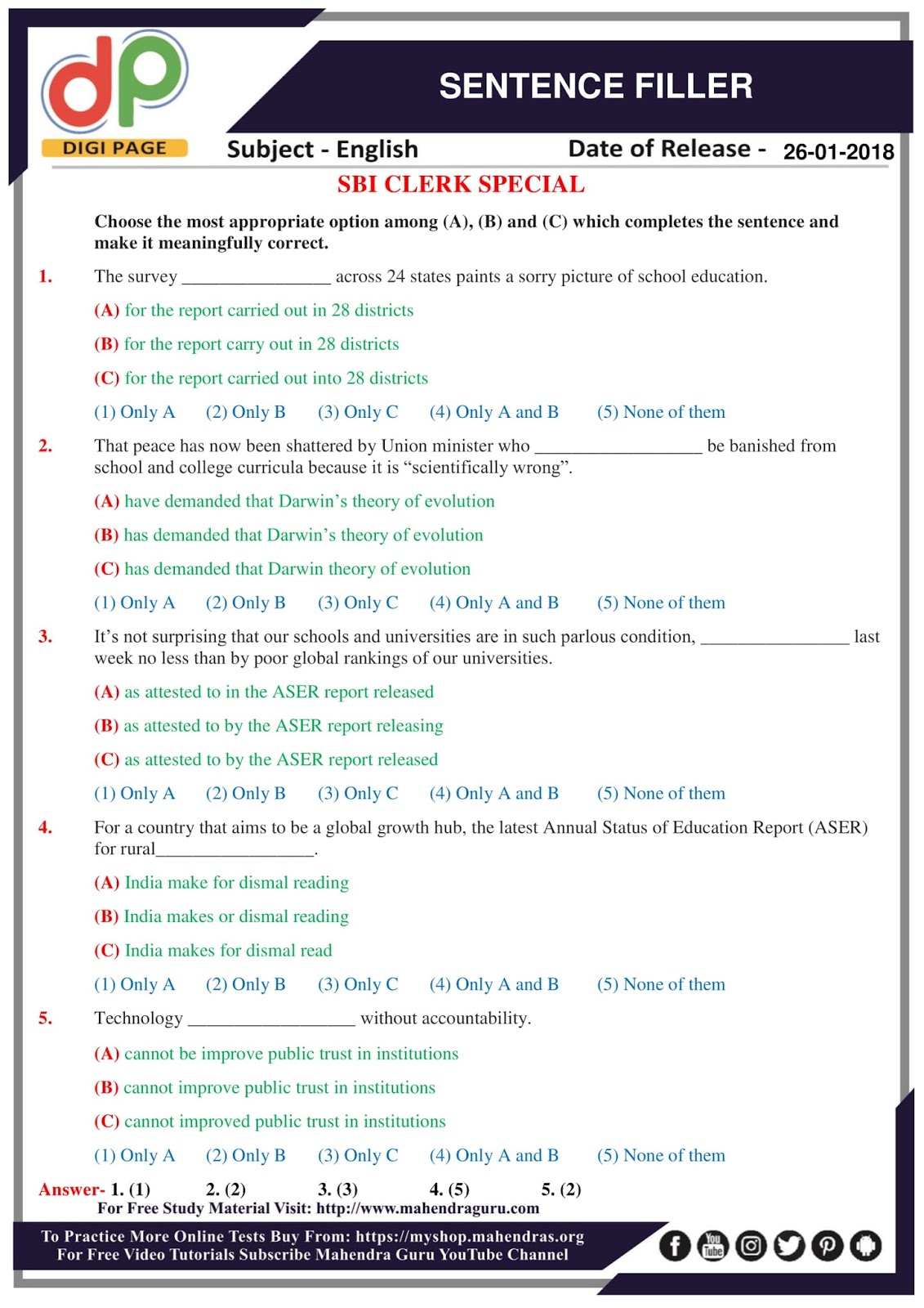 DP | Sentence Filler Questions For SBI Clerk Prelims | 26 - 01 - 18