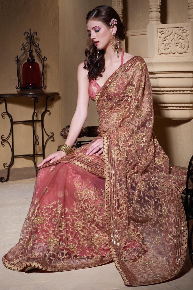 Dark Peach Impressive Heavy Pallu Net Saree ~ fashioncatalog4u