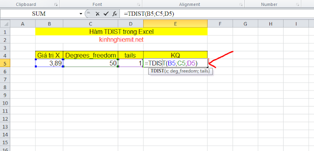 Cách sử dụng hàm TDIST trong excel