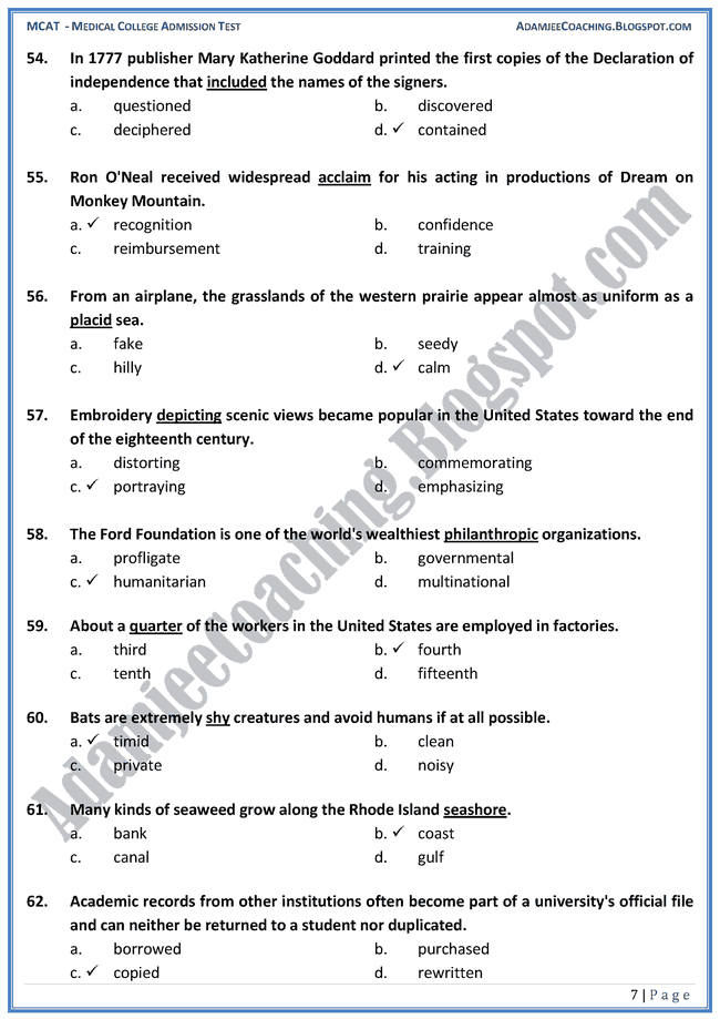 Adamjee Coaching Mcat English [vocabulary] Mcqs For Medical Entry Test