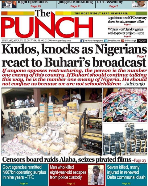 Naija Newspapers: Today's The Punch Newspaper Headlines [22 August, 2017]. - Politics - Nigeria