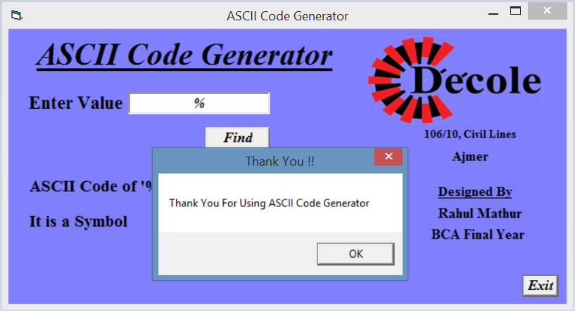 SoftWorks: ASCII Code Generator (Visual Basic 6.0)