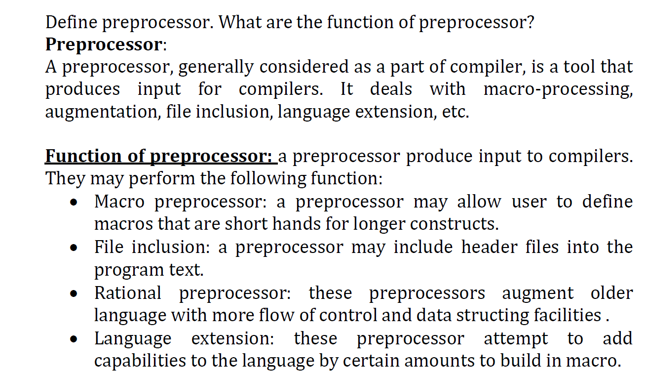 Define preprocessor. What are the function of preprocessor? - M.M.R cse