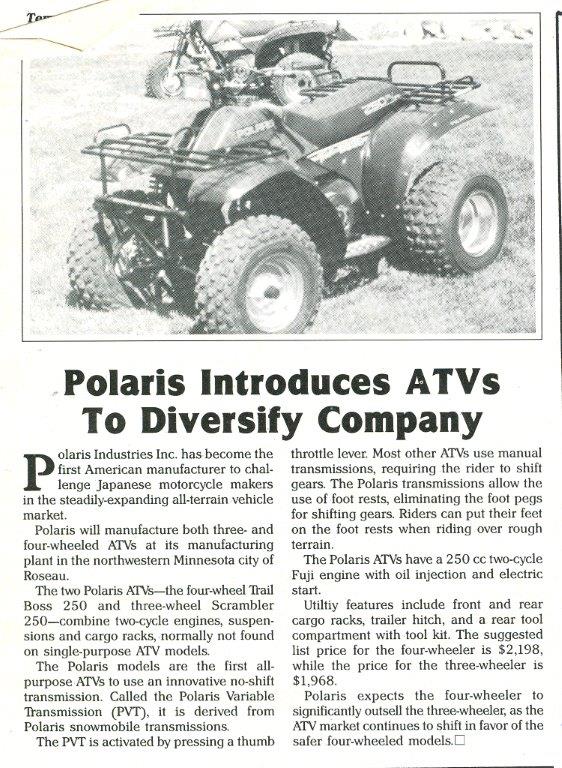 CLASSIC SNOWMOBILES OF THE PAST: 1985 - POLARIS INTRODUCES ITS ATV