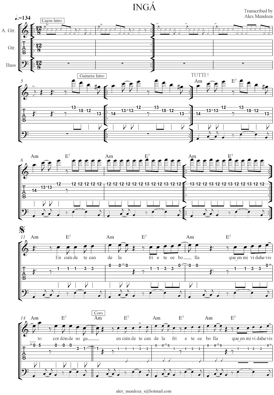 ALEX MENDOZA ( Amen ) Partituras, Letras, Tab, Acordes para Guitarra: INGÁ ( Festejo Afro ...